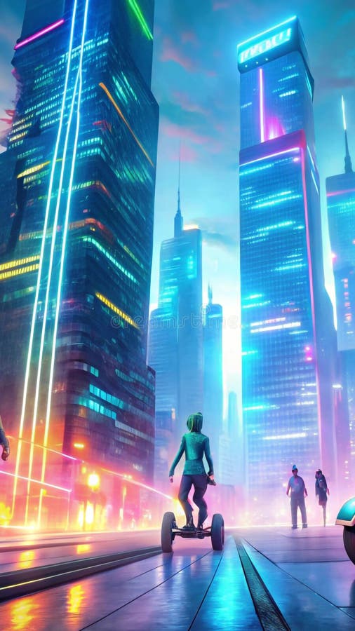 Hoverboard Chase in a Futuristic City. Generative AI Stock Illustration ...