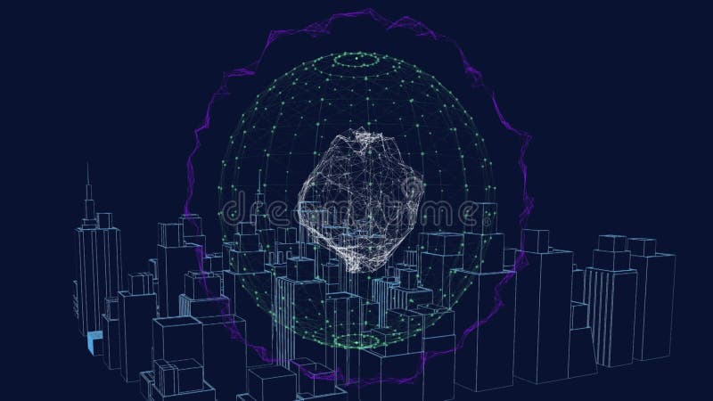 Hovering Animation of Digital Network Sphere Over Futuristic Cityscape ...
