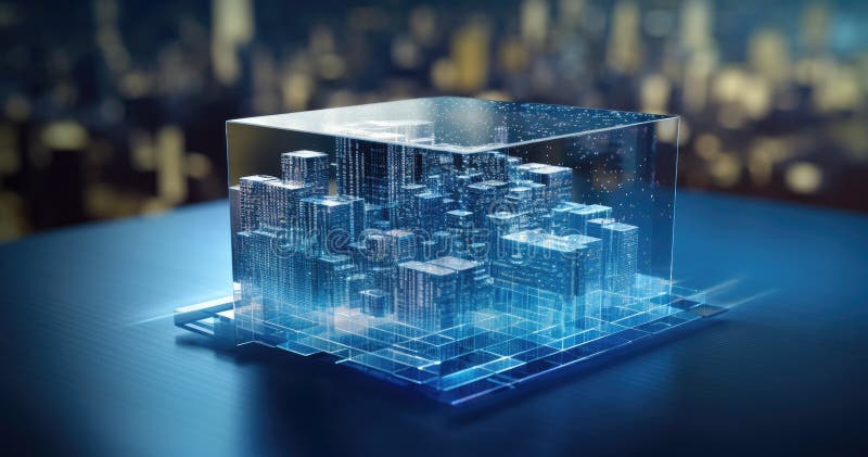 Hovering Blue Cube Over Metropolis Horizon AI Generated Stock ...