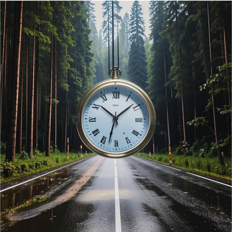 Hovering Clock Face Over the Road Stock Image - Image of waterway ...
