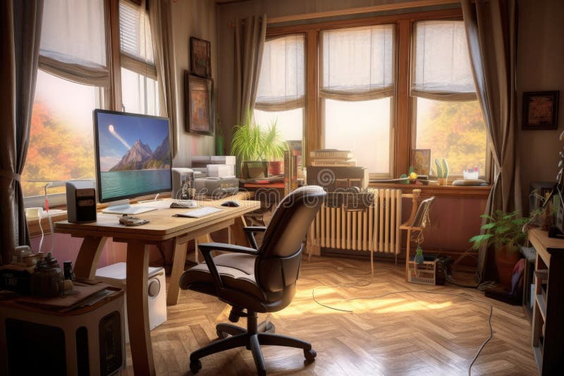 Hovering Computer and Desk in a Home Office Stock Illustration ...