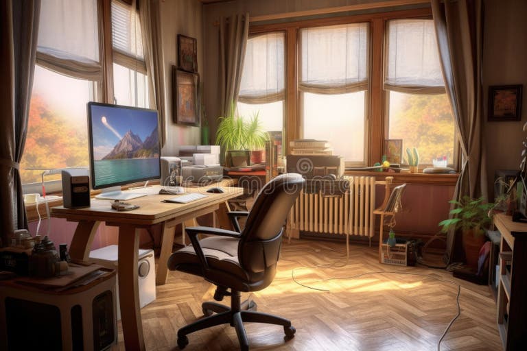 Hovering Computer and Desk in a Home Office Stock Illustration ...