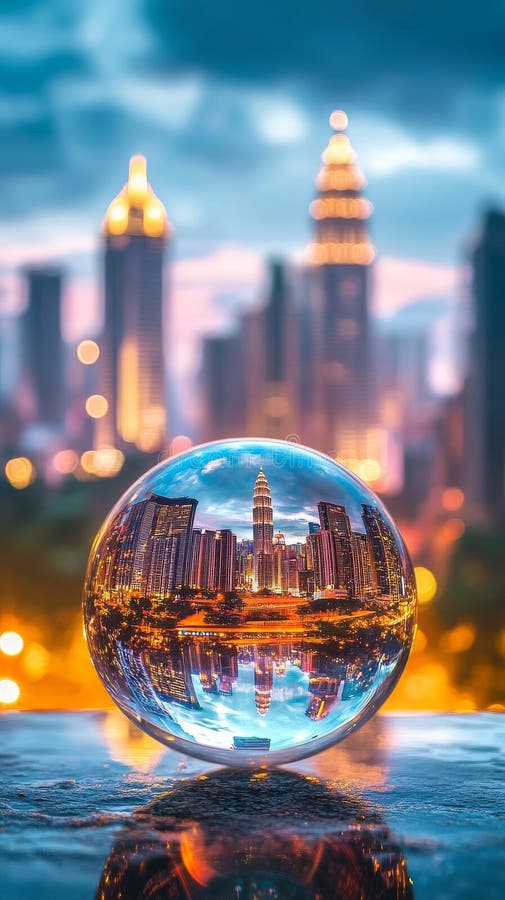 A Hovering Glass Sphere Enclosing a Bright Cityscape, with a Cutting ...