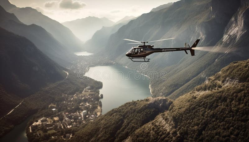 Hovering Helicopter Propeller Blades Slice through Snowy Mountain ...