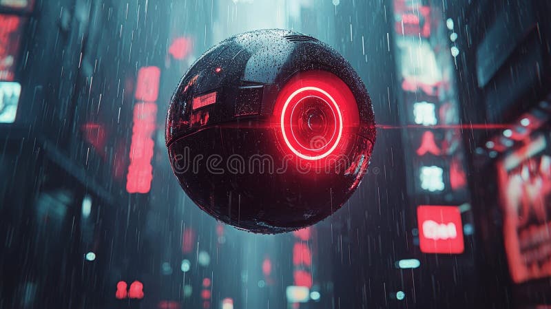 Hovering Orb Shaped Surveillance Camera Advanced Lens Scans Area while ...