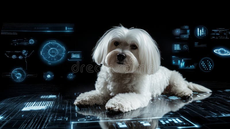 On a Hovering Platform Elevated Above the Earth, a Futuristic White Dog ...