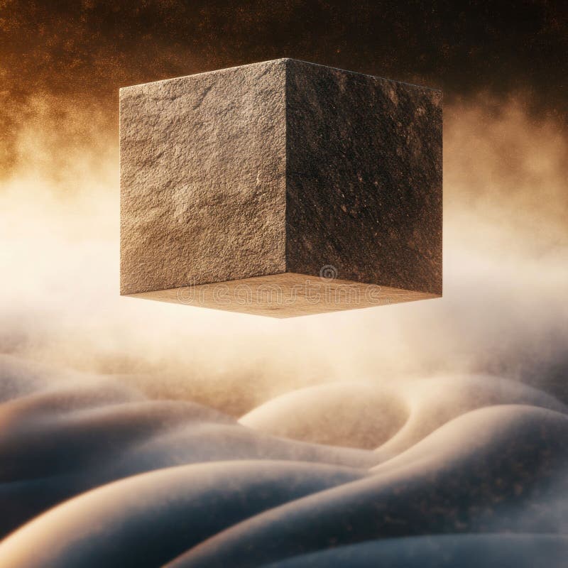 Hovering Stone Cube Over a Misty Landscape. Generative Ai Stock ...