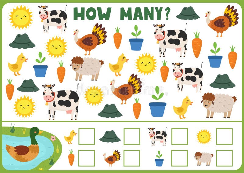 How Many Activity Page for Kids with Cute Farm Animals. Count the ...