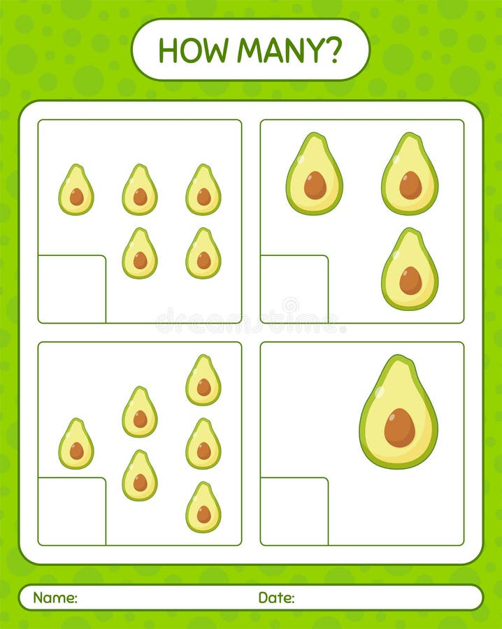 How Many Counting Game with Avocado Worksheet for Preschool Kids Stock ...