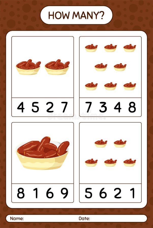 How Many Counting Game with Bowl of Dates. Worksheet for Preschool Kids ...