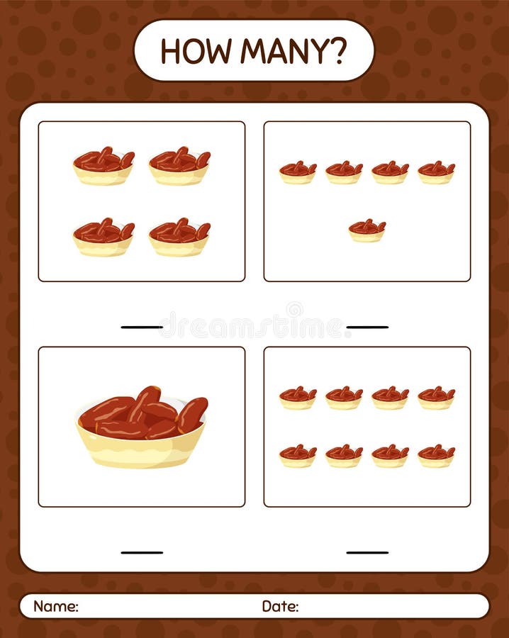 How Many Counting Game with Bowl of Dates. Worksheet for Preschool Kids ...