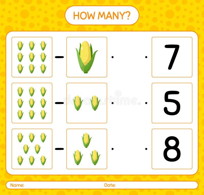 How Many Counting Game with Corn. Worksheet for Preschool Kids, Kids ...