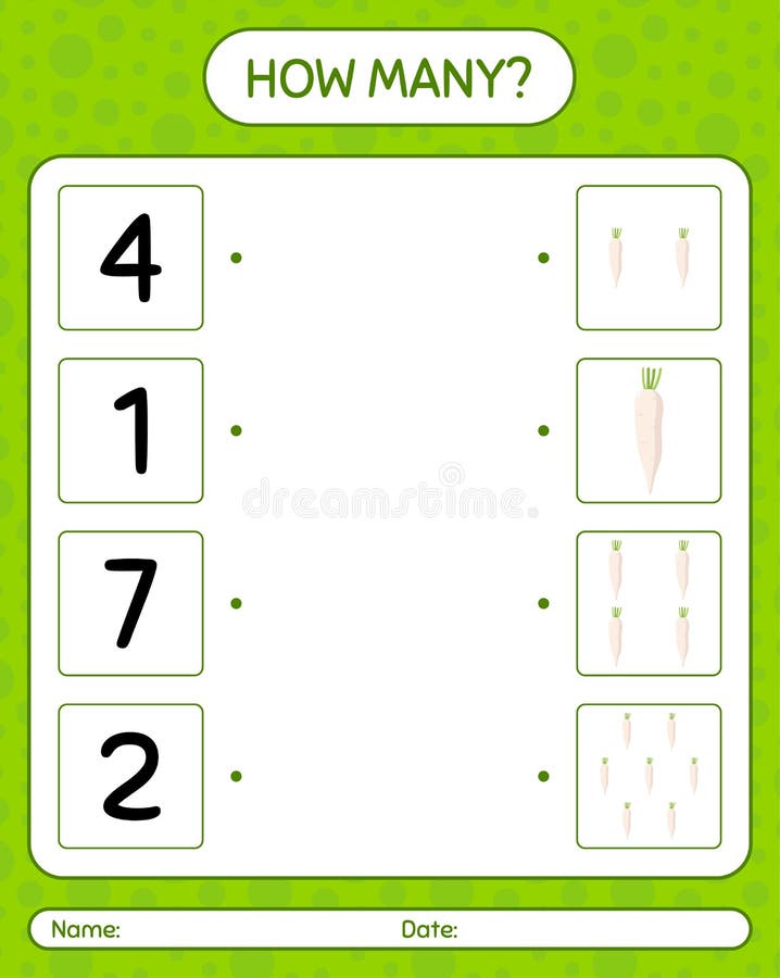 How Many Counting Game with Daikon. Worksheet for Preschool Kids, Kids ...
