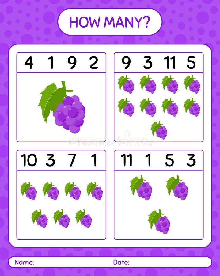 How Many Counting Game with Grape. Worksheet for Preschool Kids Stock ...