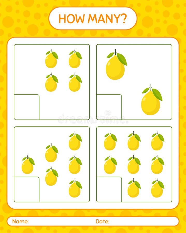 How Many Counting Game with Lemon Worksheet for Preschool Kids Stock ...