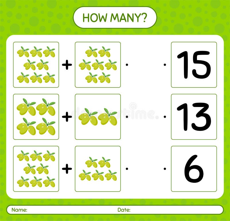How Many Counting Game with Olive. Worksheet for Preschool Kids Stock ...