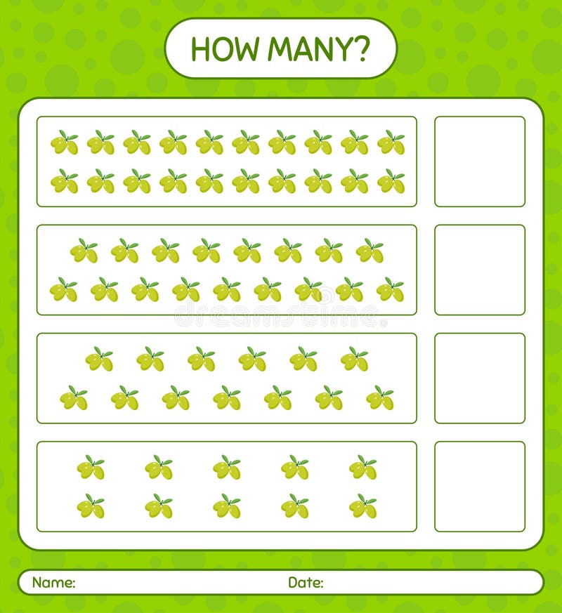 How Many Counting Game with Olive Worksheet for Preschool Kids Stock ...