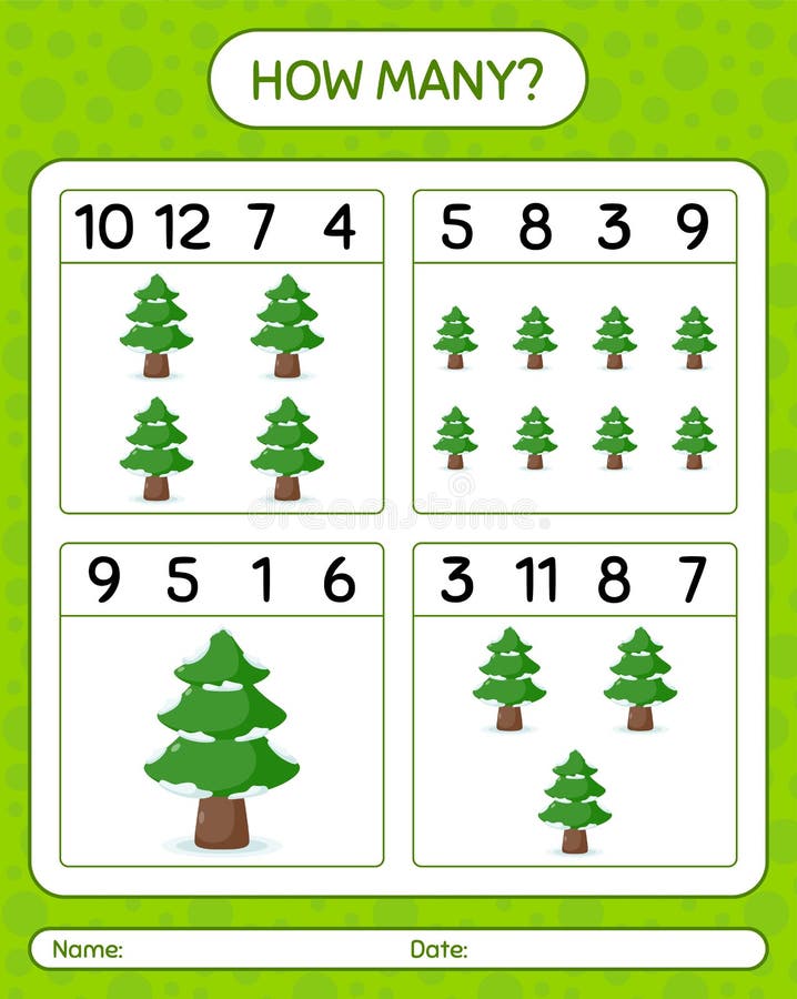 How Many Counting Game with Pine Tree. Worksheet for Preschool Kids ...