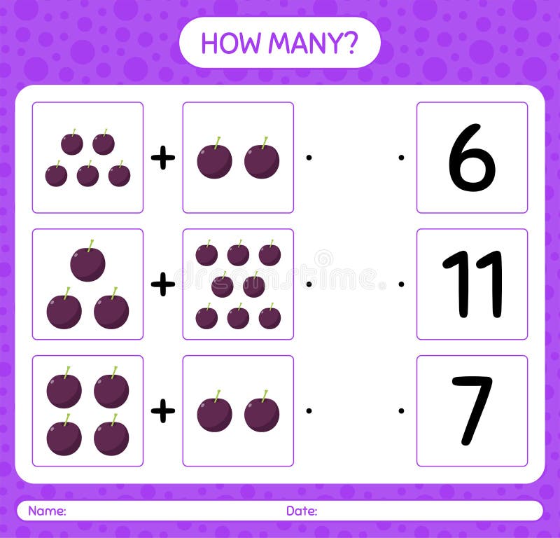 How Many Counting Game with Plum. Worksheet for Preschool Kids Stock ...