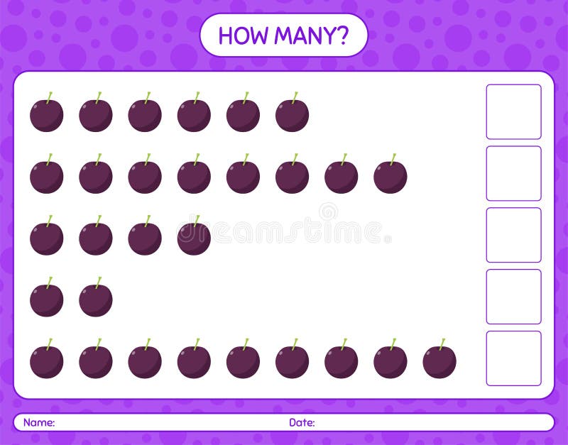 How Many Counting Game with Plum Worksheet for Preschool Kids Stock ...
