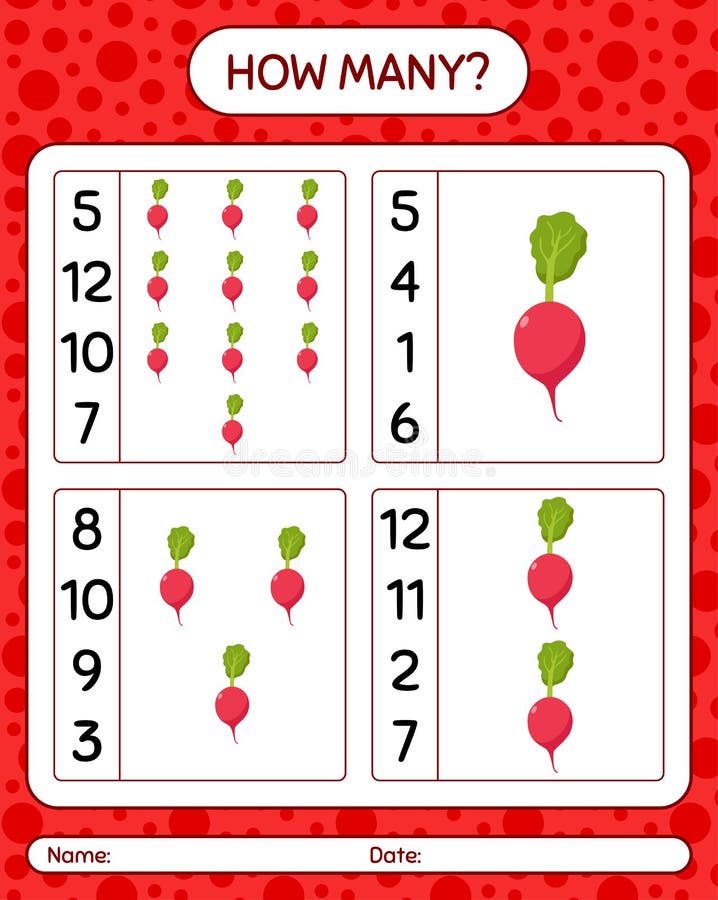 How Many Counting Game with Radish. Worksheet for Preschool Kids, Kids ...