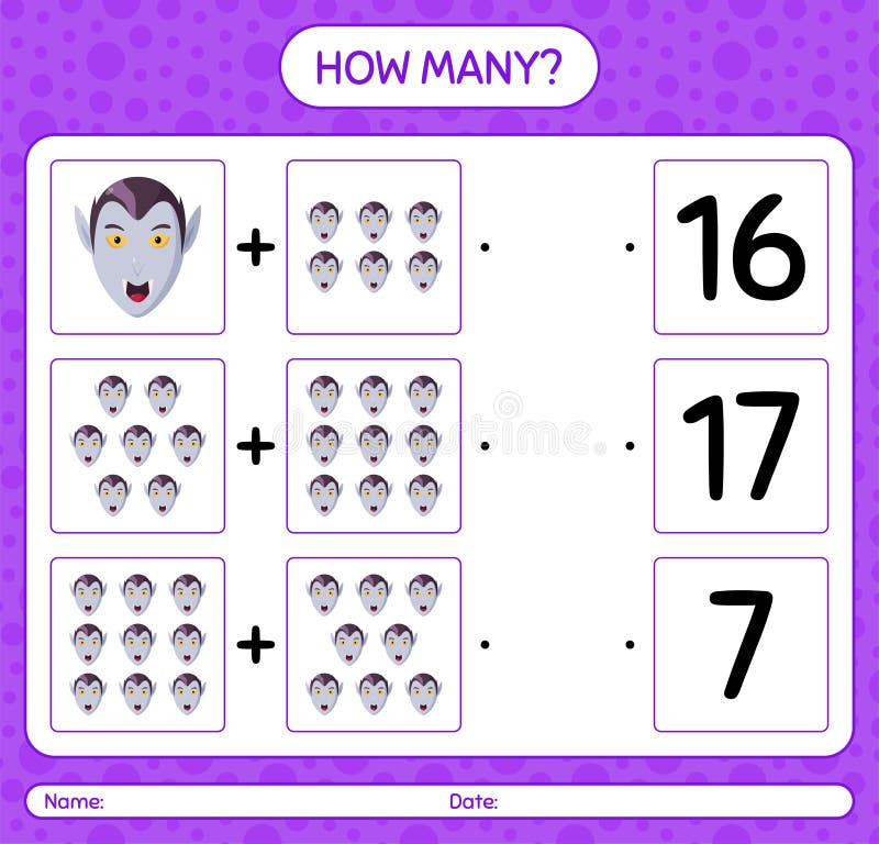 How Many Counting Game with Vampire. Worksheet for Preschool Kids, Kids ...