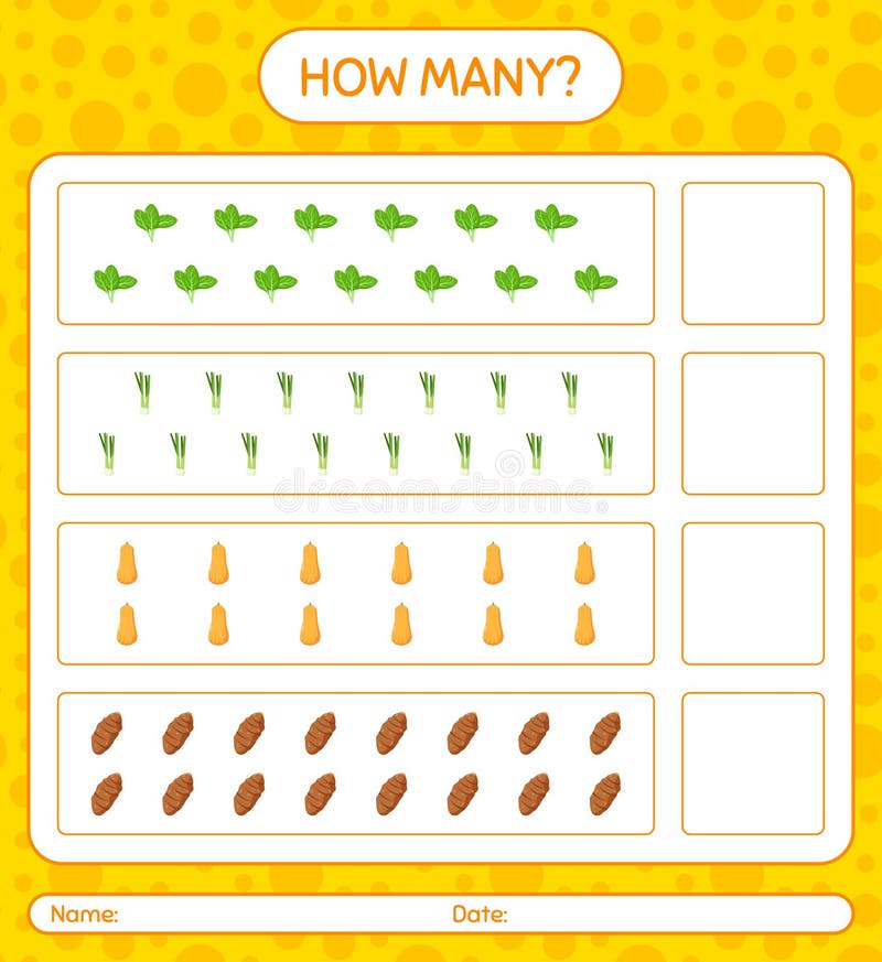 How Many Counting Game with Vegetables. Worksheet for Preschool Kids ...