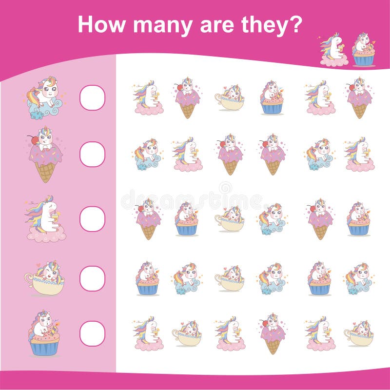 How many unicorn worksheet stock vector. Illustration of cute - 250276780