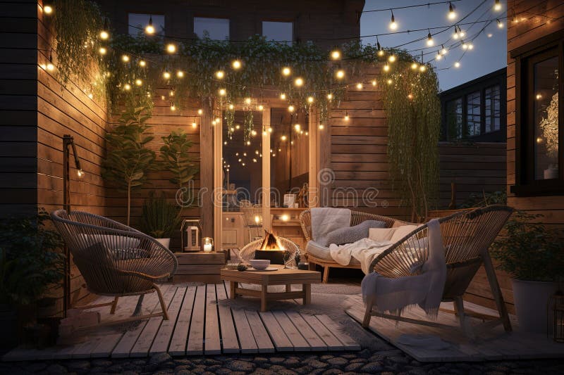 How To Create a Cozy Outdoor Atmosphere with String Lights - Generative AI Stock Illustration ...