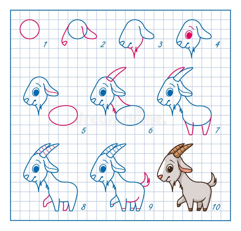 How To Draw Goat, Step by Step Lesson for Kids Cartoon Illustration ...