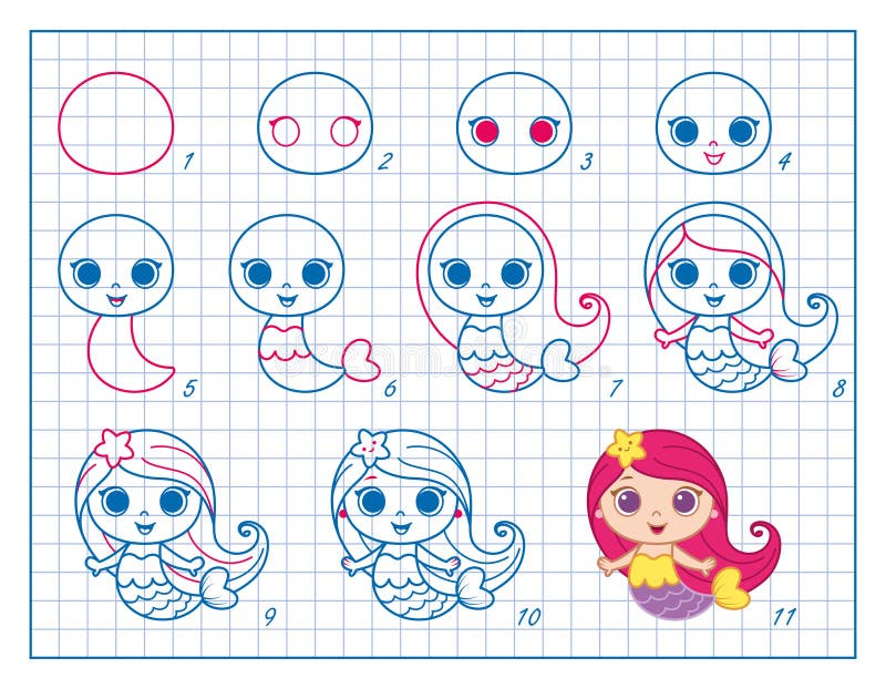 How To Draw Mermaid for Children. Step by Step Drawing Tutorial Stock ...