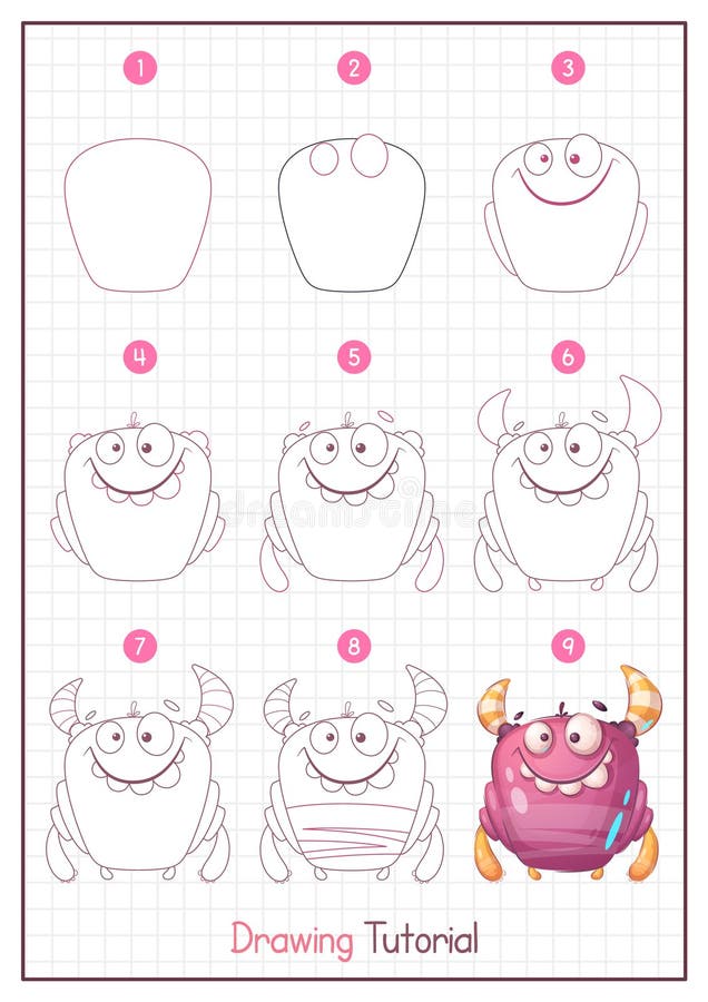 How To Draw a Monster. Step by Step Drawing Tutorial. Draw Guide Stock ...