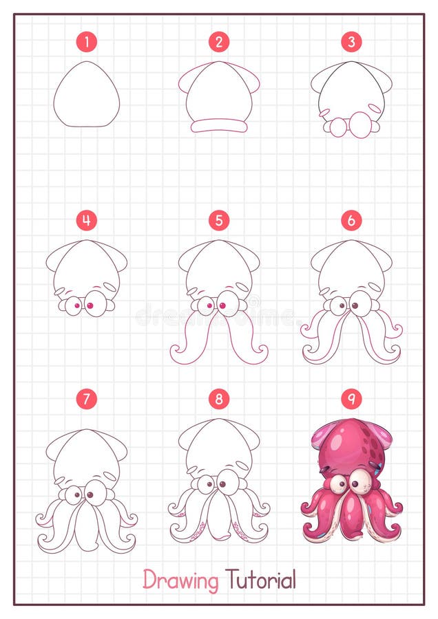 How To Draw a Squid. Step by Step Drawing Tutorial. Draw Guide Stock ...