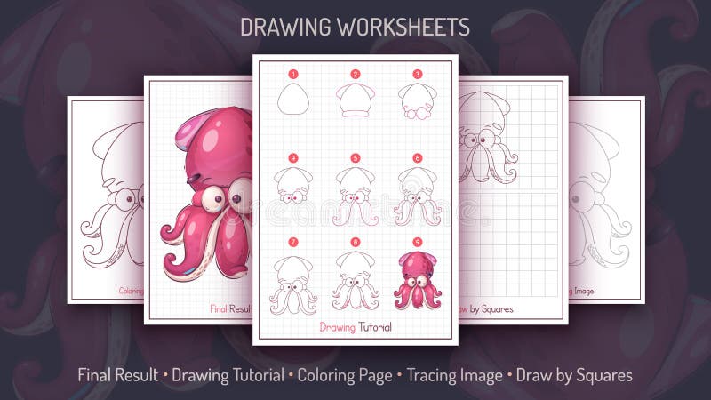 How To Draw a Squid. Step by Step Drawing Tutorial. Draw Guide. Simple Instruction. Coloring ...