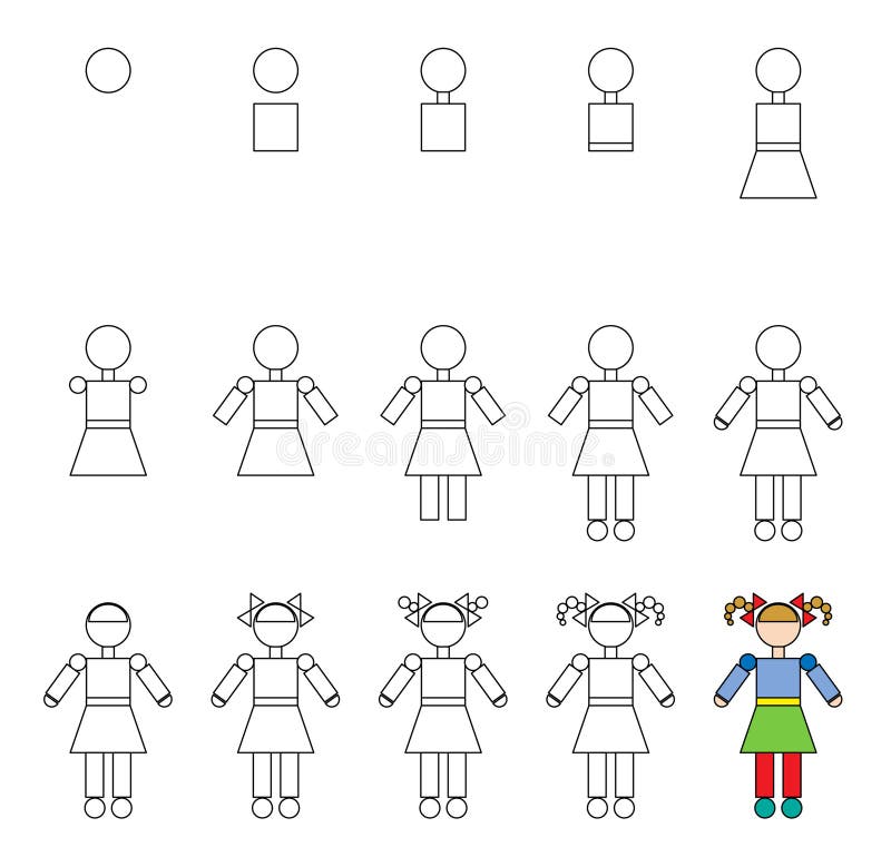How To Draw Step by Step? Worksheet Easy Guide To Drawing Cartoon Doll ...