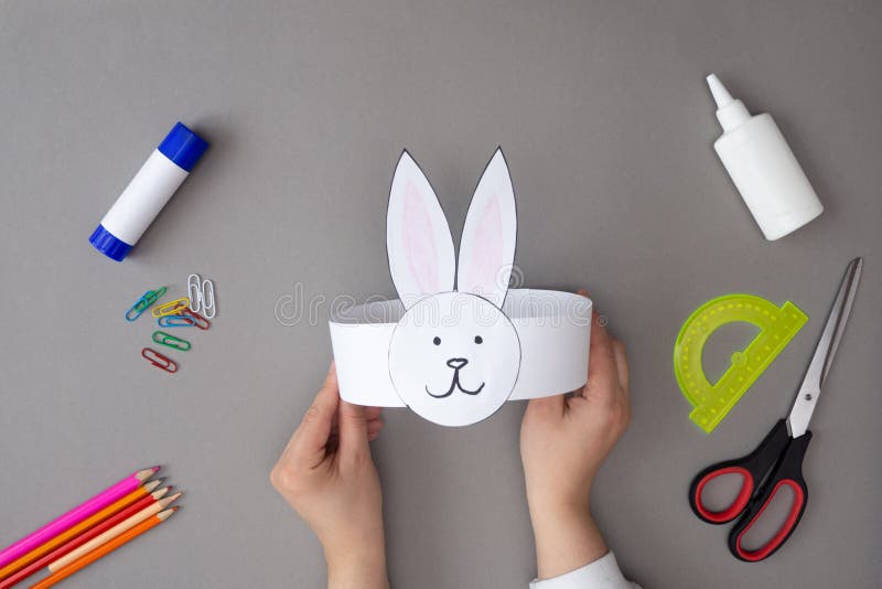 How To Make Easter Bunny Mask on Head. DIY Concept. Step by Step Photo ...