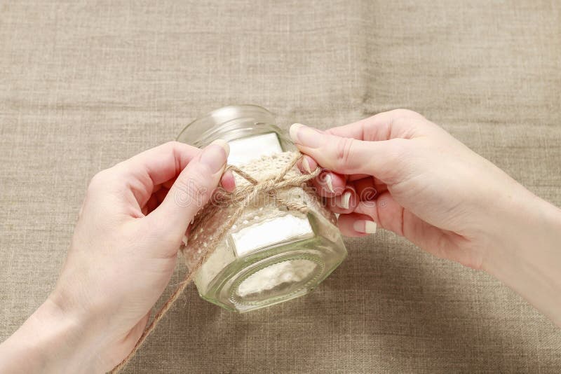 How To Make Glass Jar Decorated with Lace and String Stock Image ...