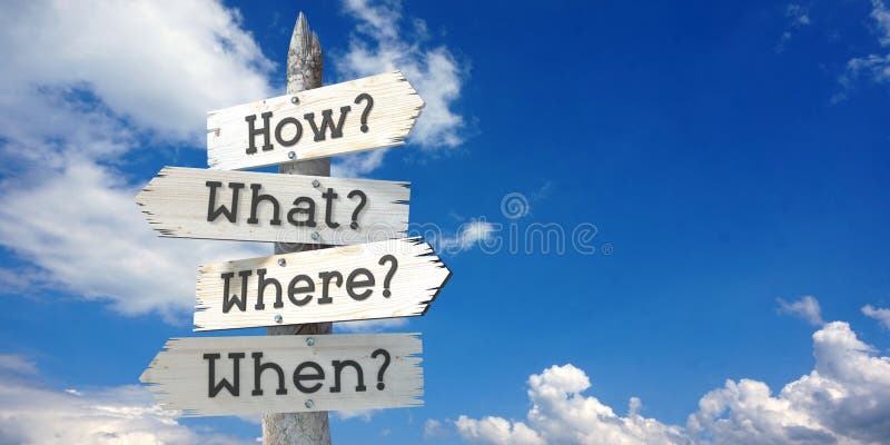 How, What, Where, when - Wooden Signpost with Four Arrows Stock Photo ...