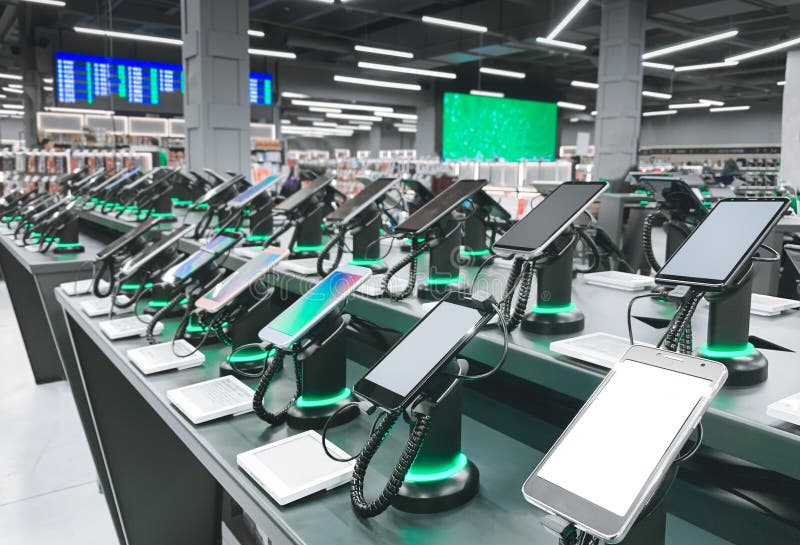 Howcase with Smartphones in the Modern Electronics Store. Buy a Mobile ...