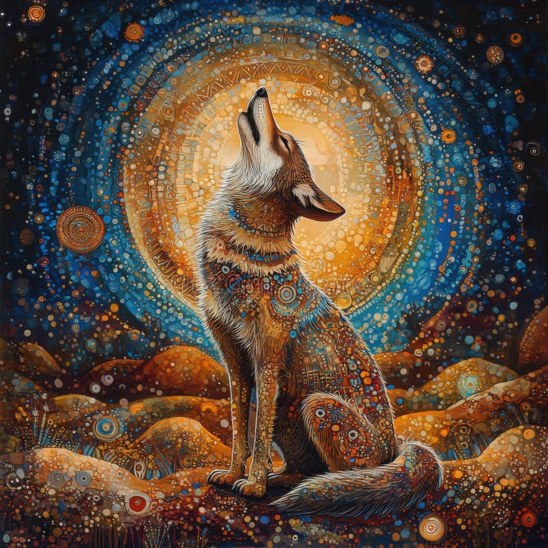 Howling Coyote Surrounded by Abstract Cosmic Patterns at Night Stock ...