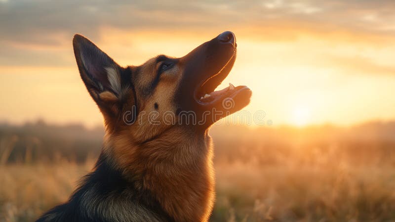 Howling German Shepherd Against Glowing Sunset, Expressing Joy and ...