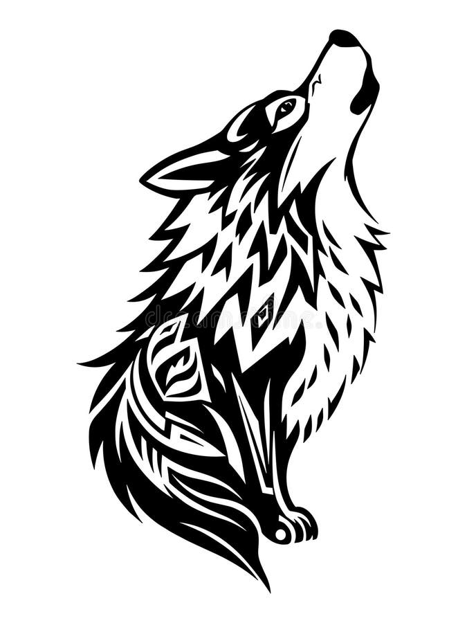 Stylized Wolf Howling in Geometric Black and White Design, Representing ...
