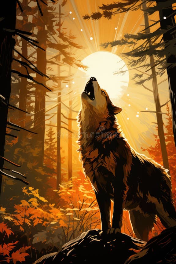 Howling Wolf in the Forest at Sunset, AI Stock Image - Image of nature ...