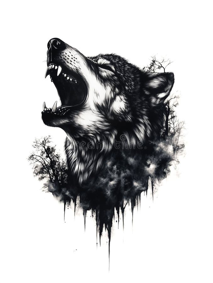 Howling Wolf Illustration with Intense Expression Amidst Abstract Elements Stock Illustration ...