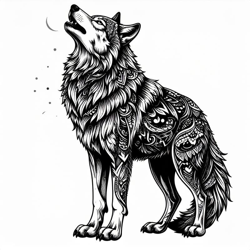 Howling Wolf Moonlit Night Black and White Drawing Stock Illustration ...