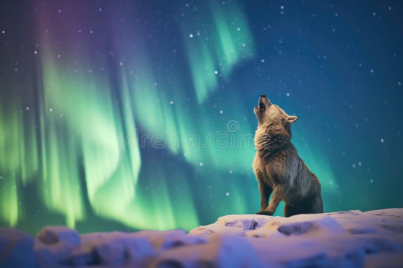 Howling Wolf with Northern Lights Above in Winter Night Stock ...