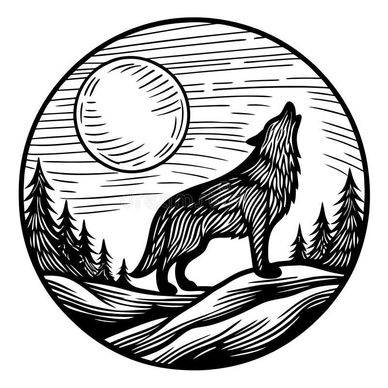 Howling Wolf Silhouette in Moonlight, Surrounded by Forest Pines in a ...
