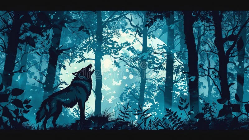 Howling Wolf Silhouette in Moonlit Forest with Tree Shadows and Foliage ...