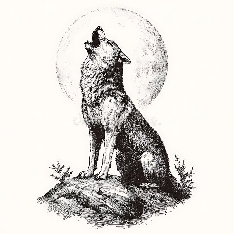 Howling Wolf Silhouette at Night Ink Sketch Stock Illustration ...