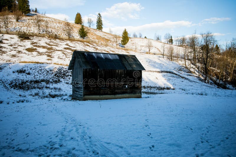 Howse in the Snow and Hills with Trees Blue Stock Photo - Image of snow ...
